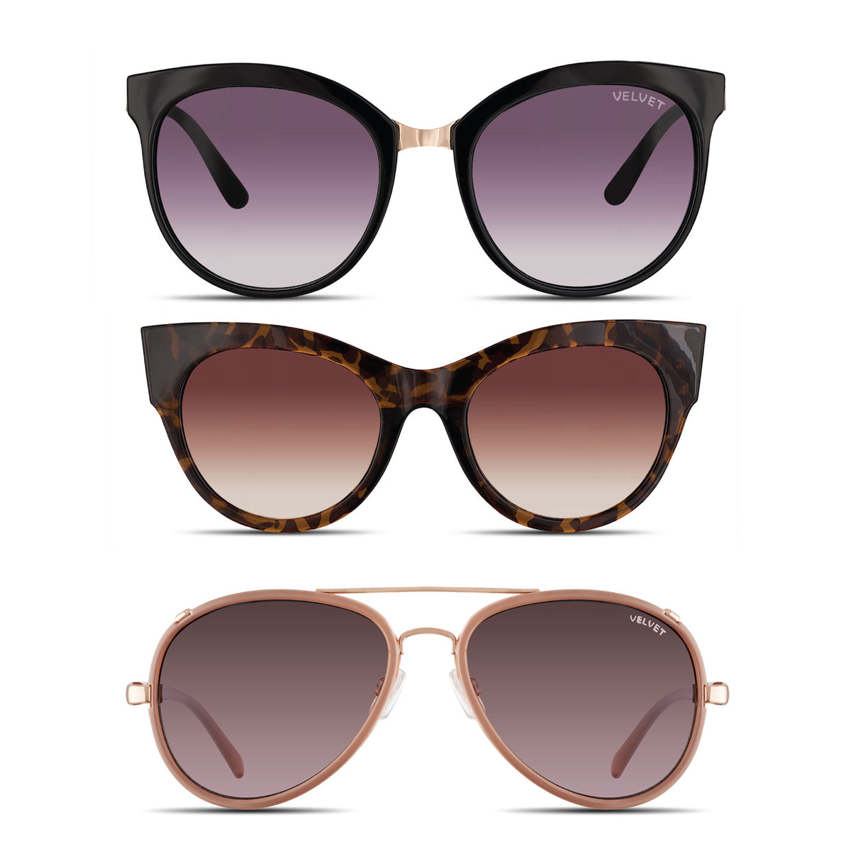 Velvet Eyewear® Square Face Shape Sunglass Style Box | Set of 3 Sunglasses